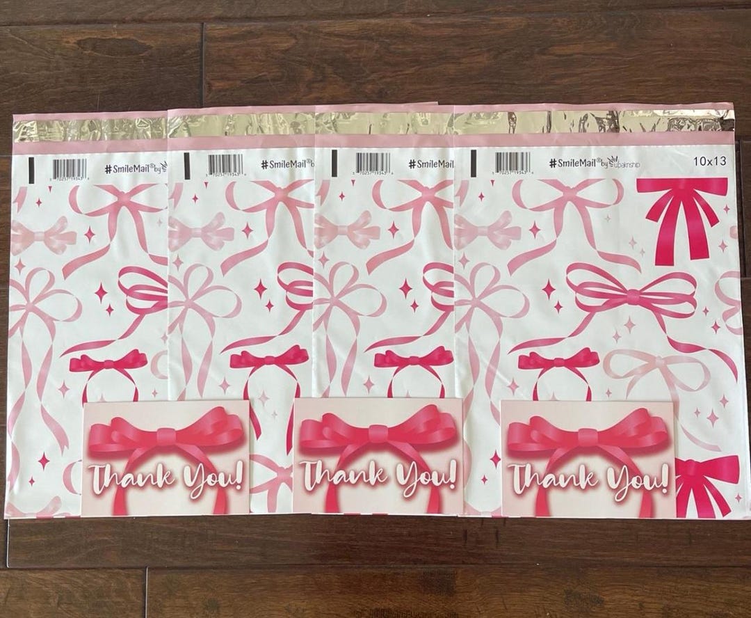 50 Pack - Beautiful Pink Bows 10x13" Poly Mailers & 4x6" Matching ...