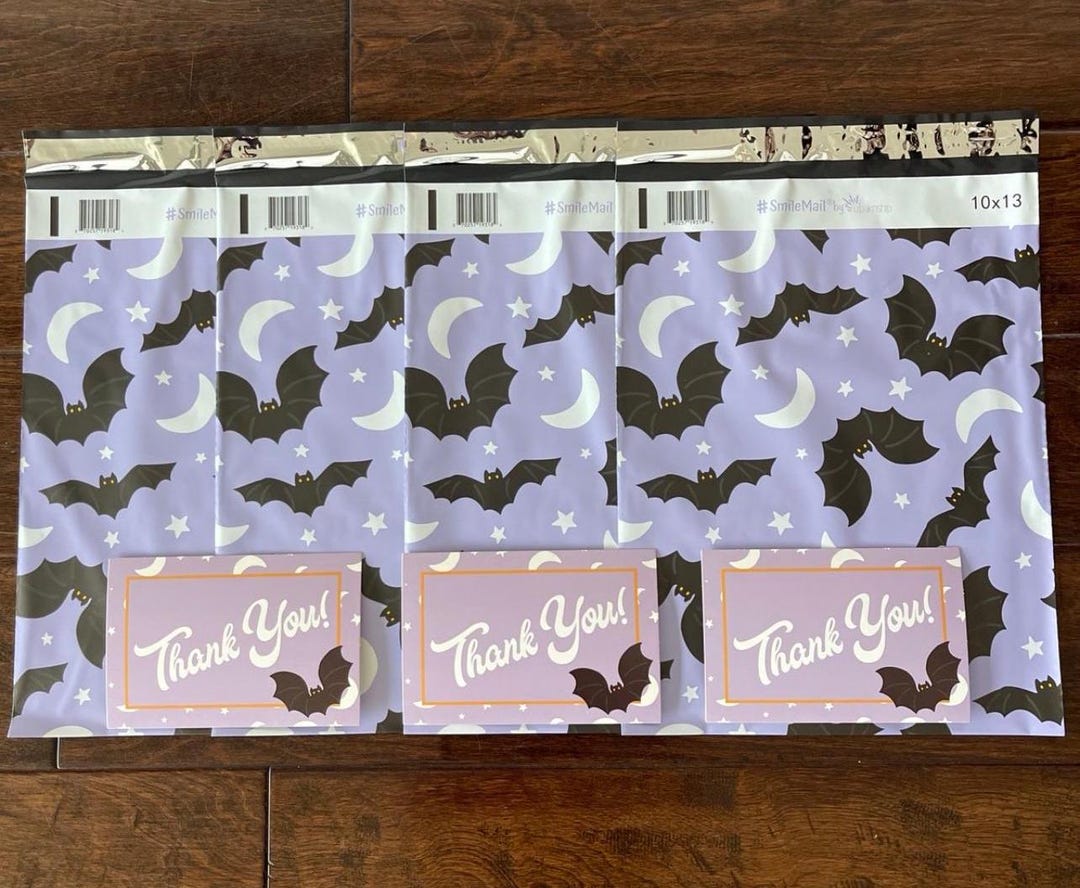50 Pack - Super Cute Bats 10x13" Poly Mailers & 4x6" Insert Cards Mix ...
