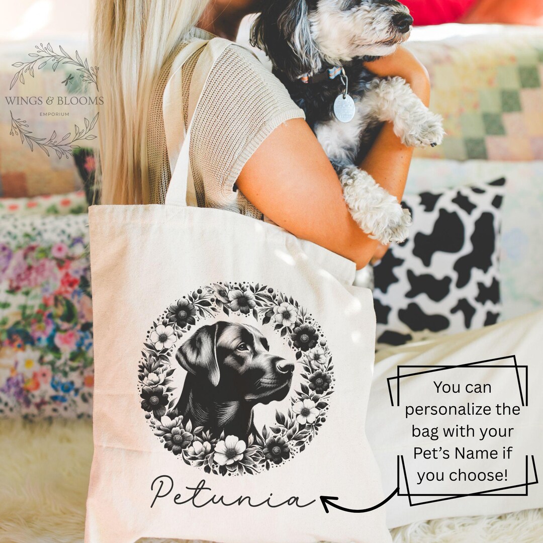 Labrador Floral Cotton Canvas Tote Bag, Dog Themed Reusable Shopping ...