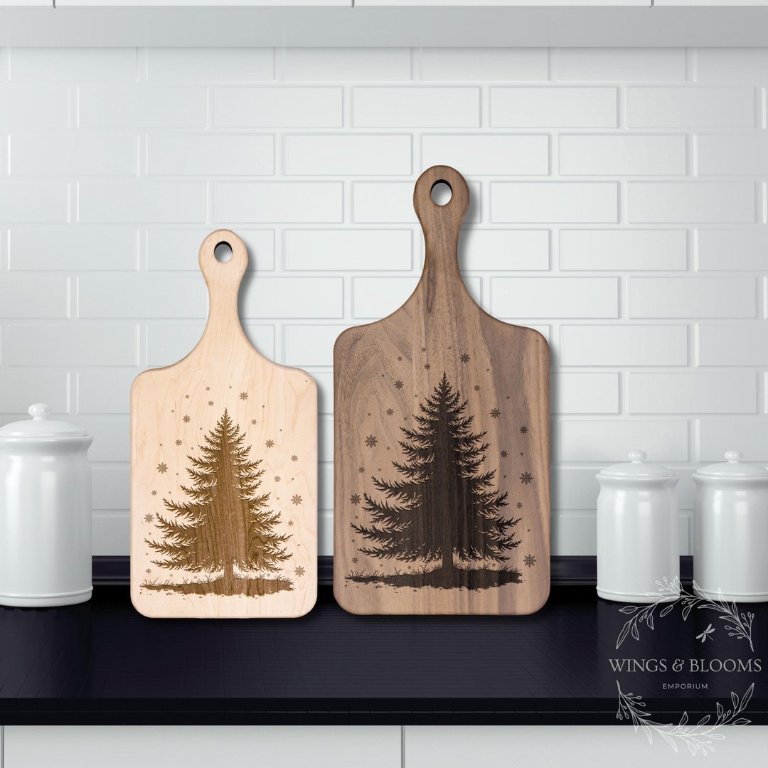 Pine Tree With Snowflakes Paddle Cutting Board, Evergreen Tree Cutting ...
