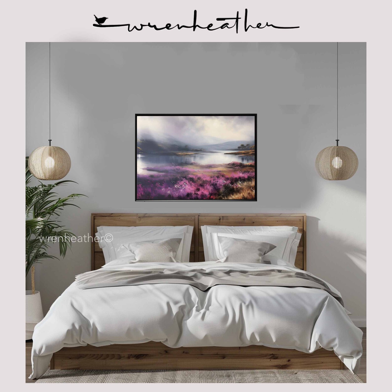Purple Heather Watercolor Art - Serene Scottish Loch Scenery, Digital ...