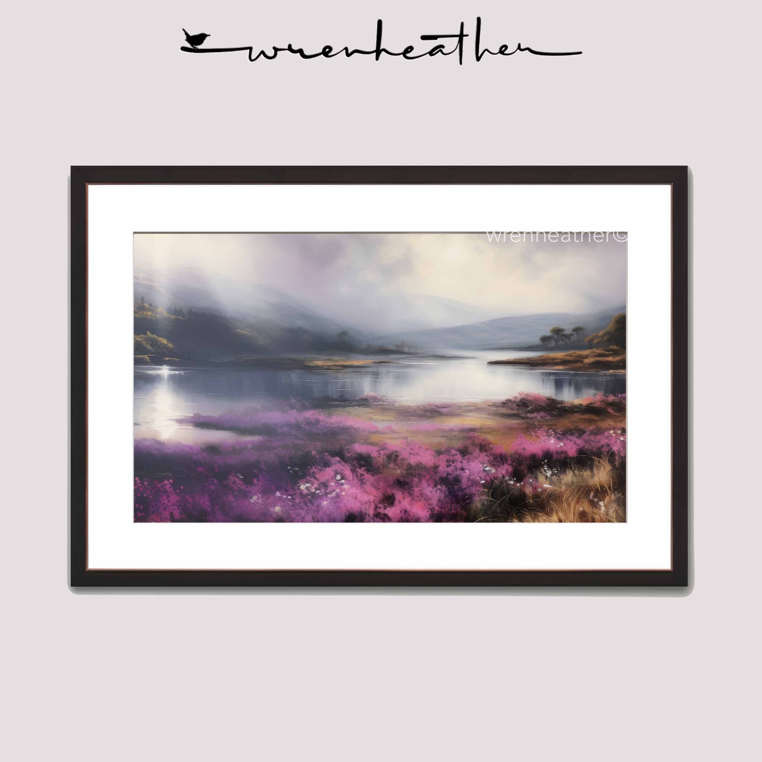 Purple Heather Watercolor Art - Serene Scottish Loch Scenery, Digital ...