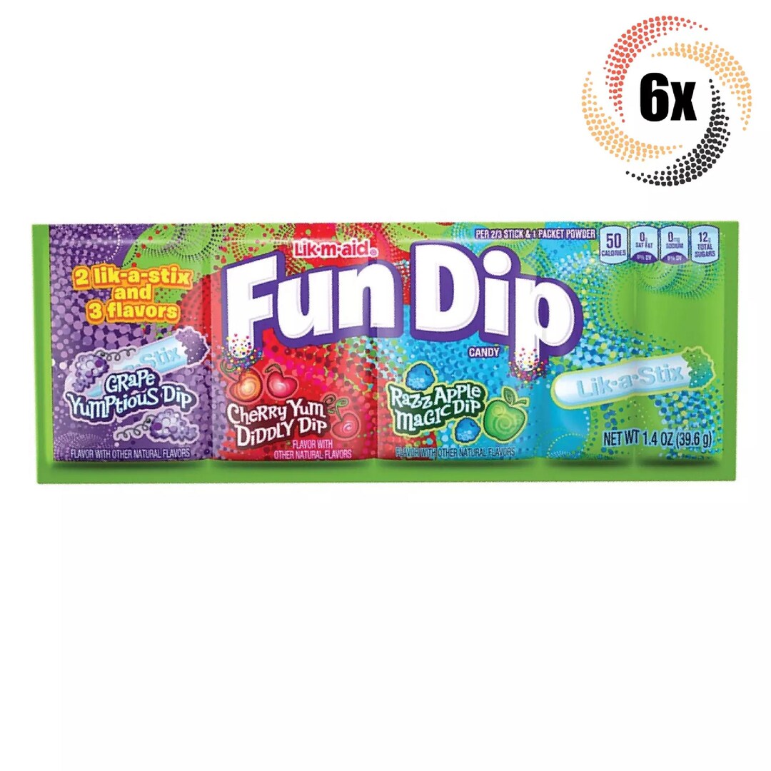 6x Packets Lik-m-aid Fun Dip Assorted Original Sour Stix & Powder Candy ...