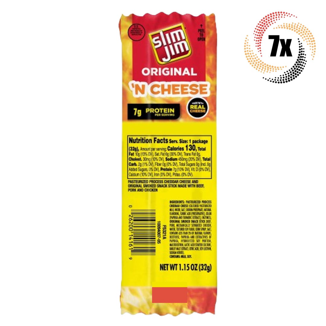 7x Packs Slim Jim Original 'N Cheese Snack Sticks | 1.15oz | 7G Protein | Protein Stick, Meat ...