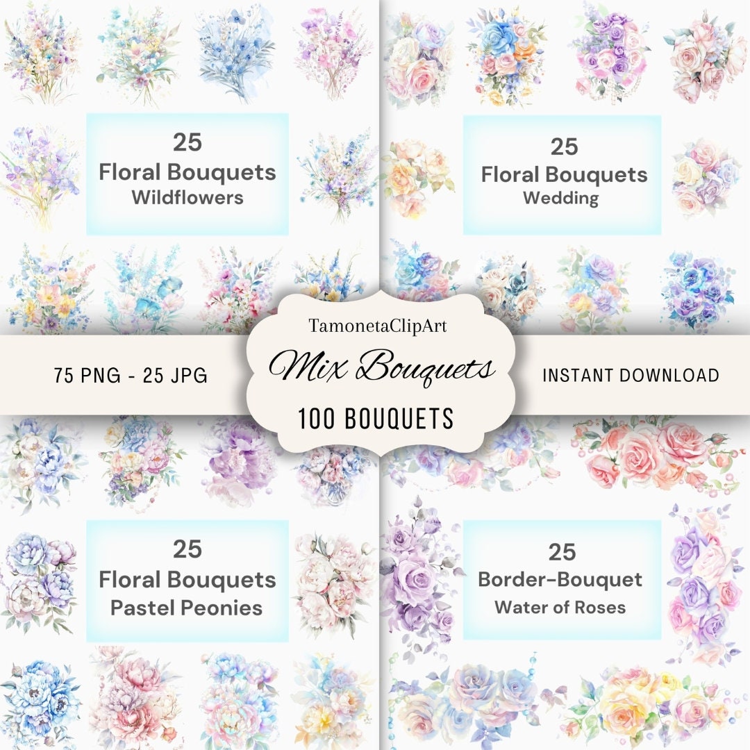 Bundle of 100 Bouquets. JPG and PNG, Commercial Use, Digital Clipart ...