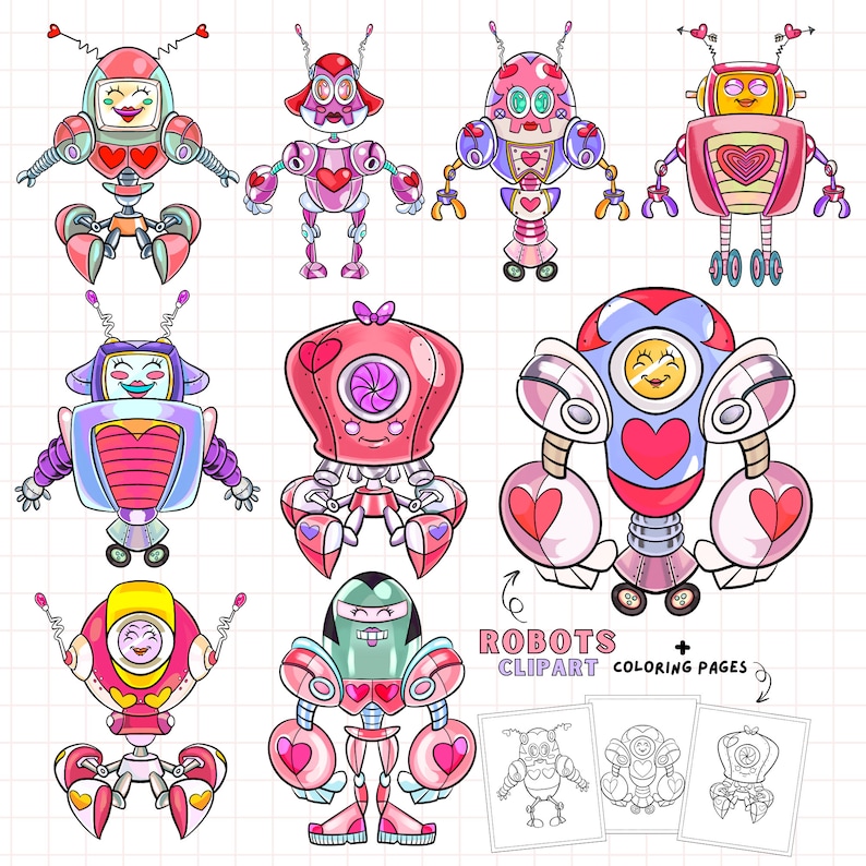 Robots Clipart - Robots for Girls Clipart - Pink Robots Illustration ...