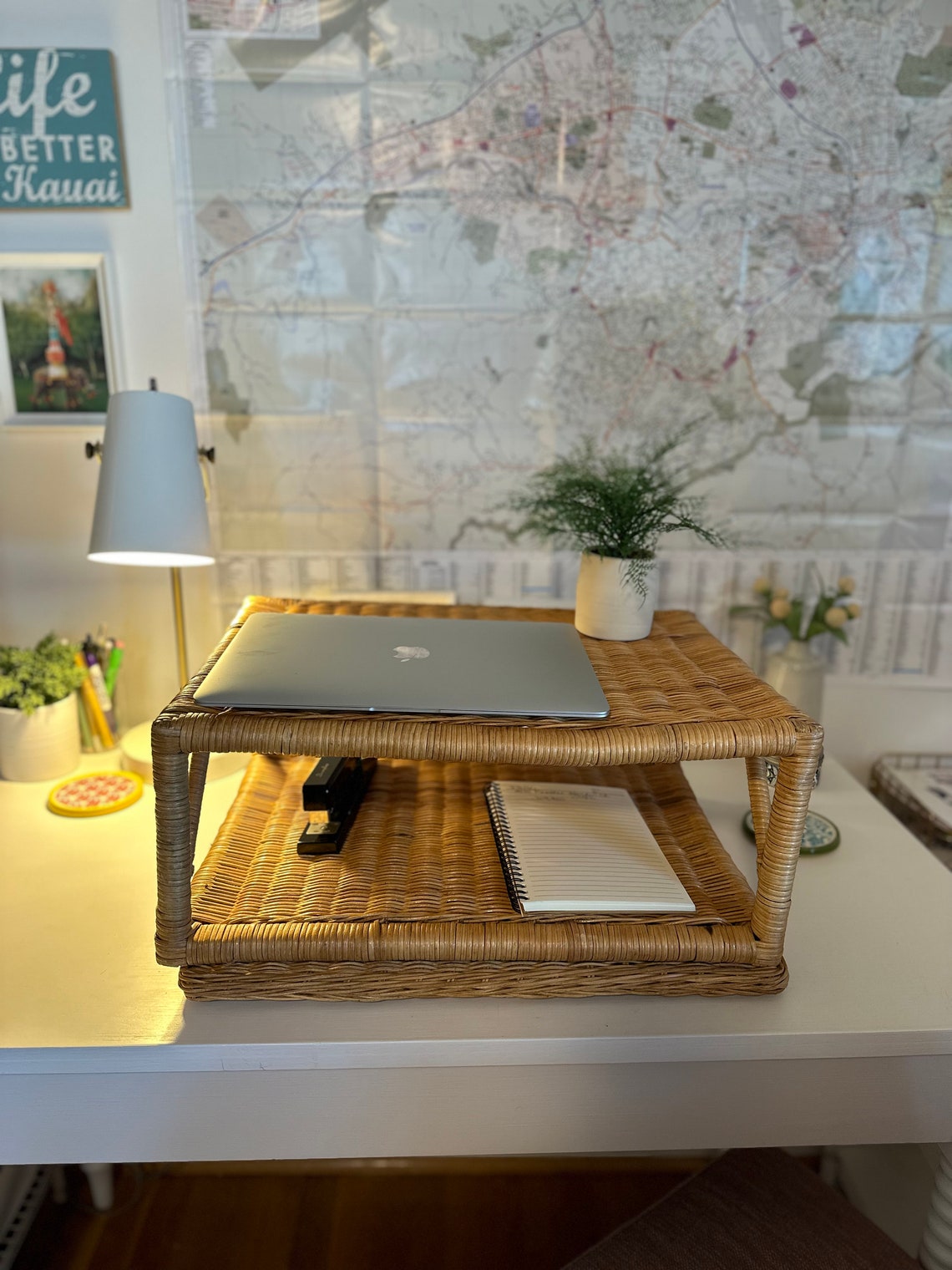 Wicker Swivel Table Top Computer or Tv Stand MCM Boho Chic Coastal ...