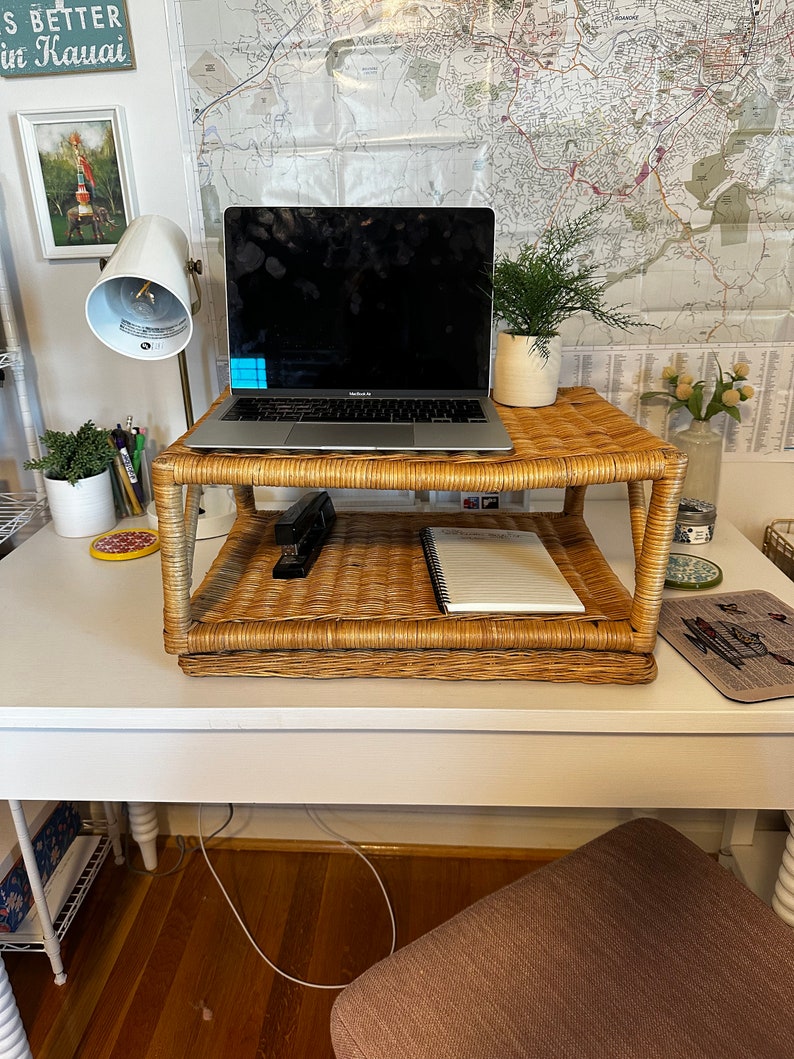 Wicker Swivel Table Top Computer or Tv Stand MCM Boho Chic Coastal ...