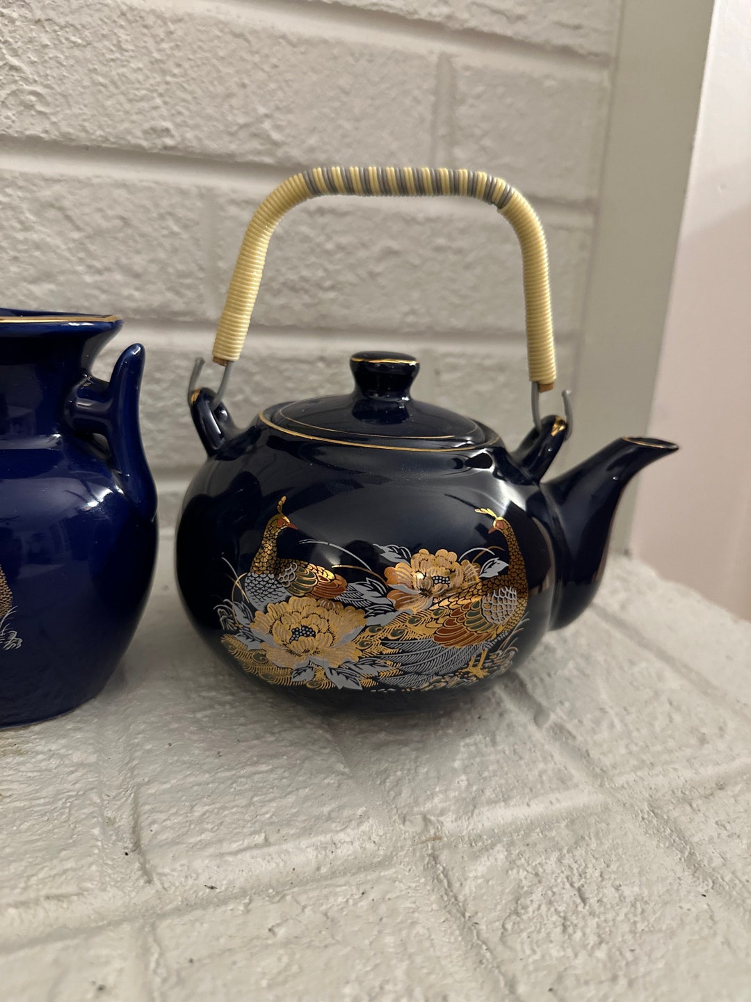 Japanese Cobalt Blue Peacock Teapot and Matching Vase| English Country ...
