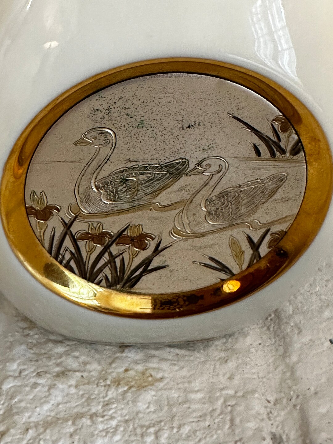 Art of Chokin Ceramic Vase, 24k Gold Inlay With Swans & Blossoms - Etsy