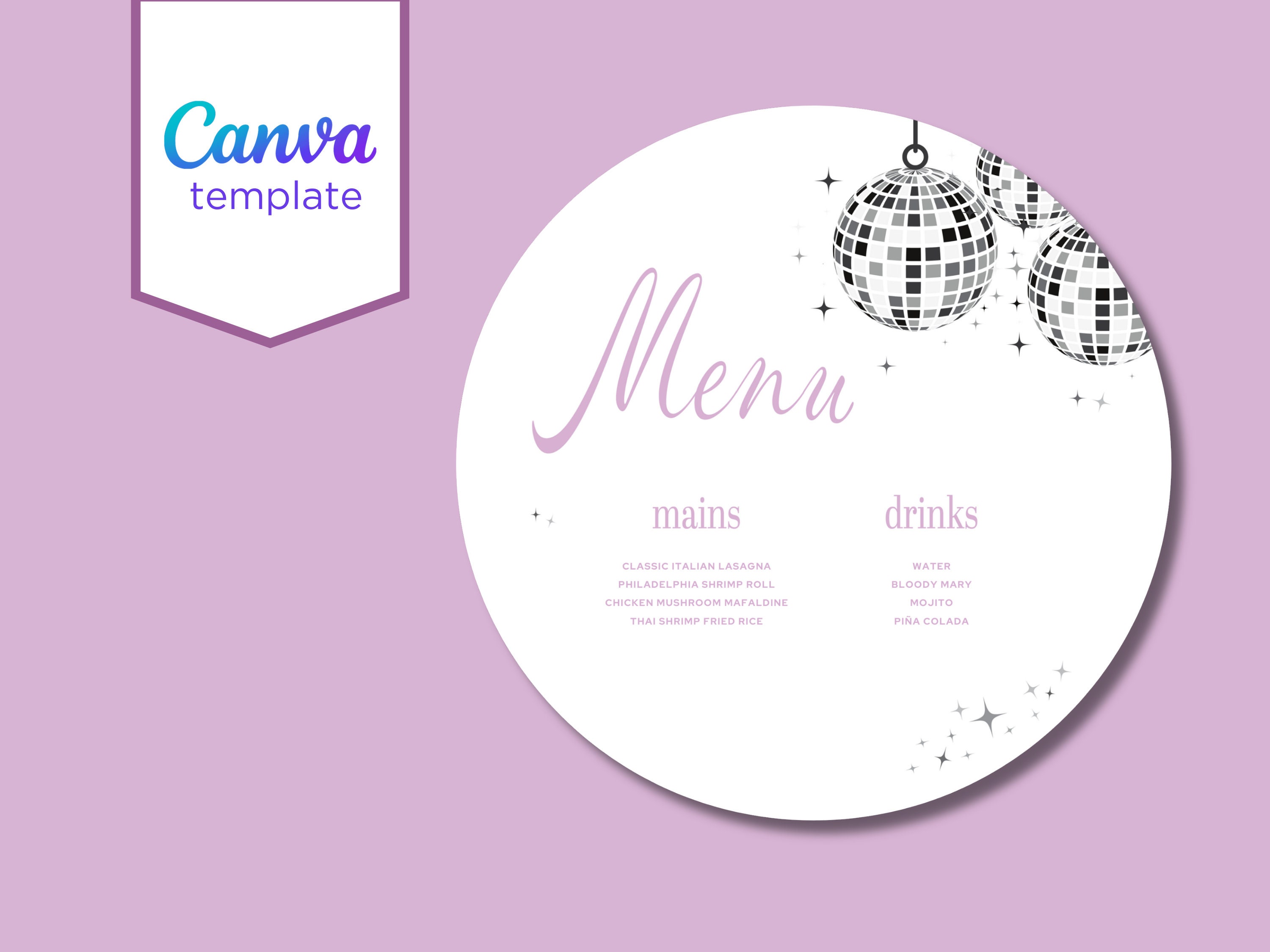 Disco Menu Template, Round Menu Template, Disco Bridal Shower, 70s ...