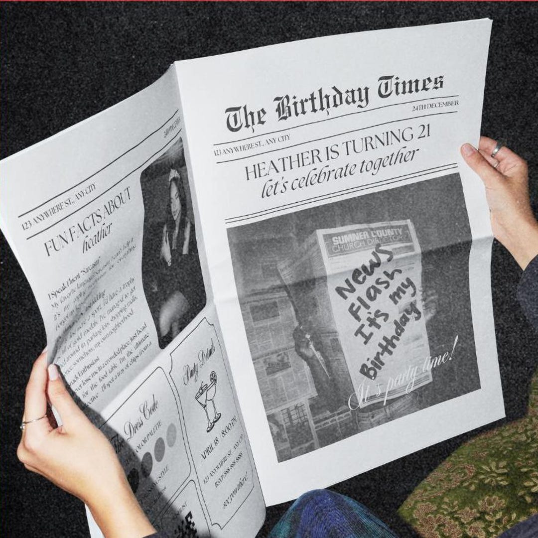 Birthday Newspaper - Birthday Party Newsletter, Adult Party Card ...