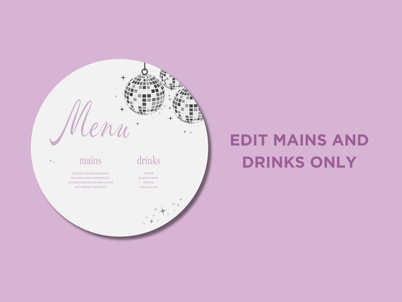 Disco Menu Template, Round Menu Template, Disco Bridal Shower, 70s ...