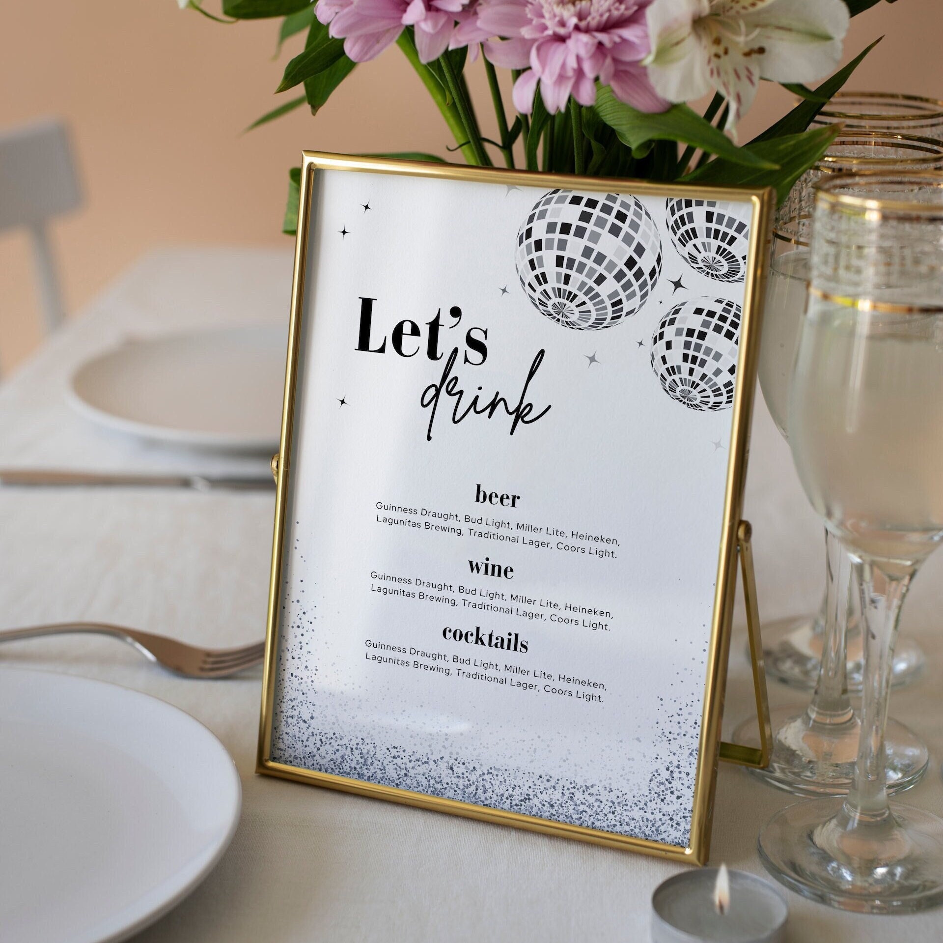 Disco Menu Template | 70s Disco Party & Bridal Shower Drinks Menu Card ...