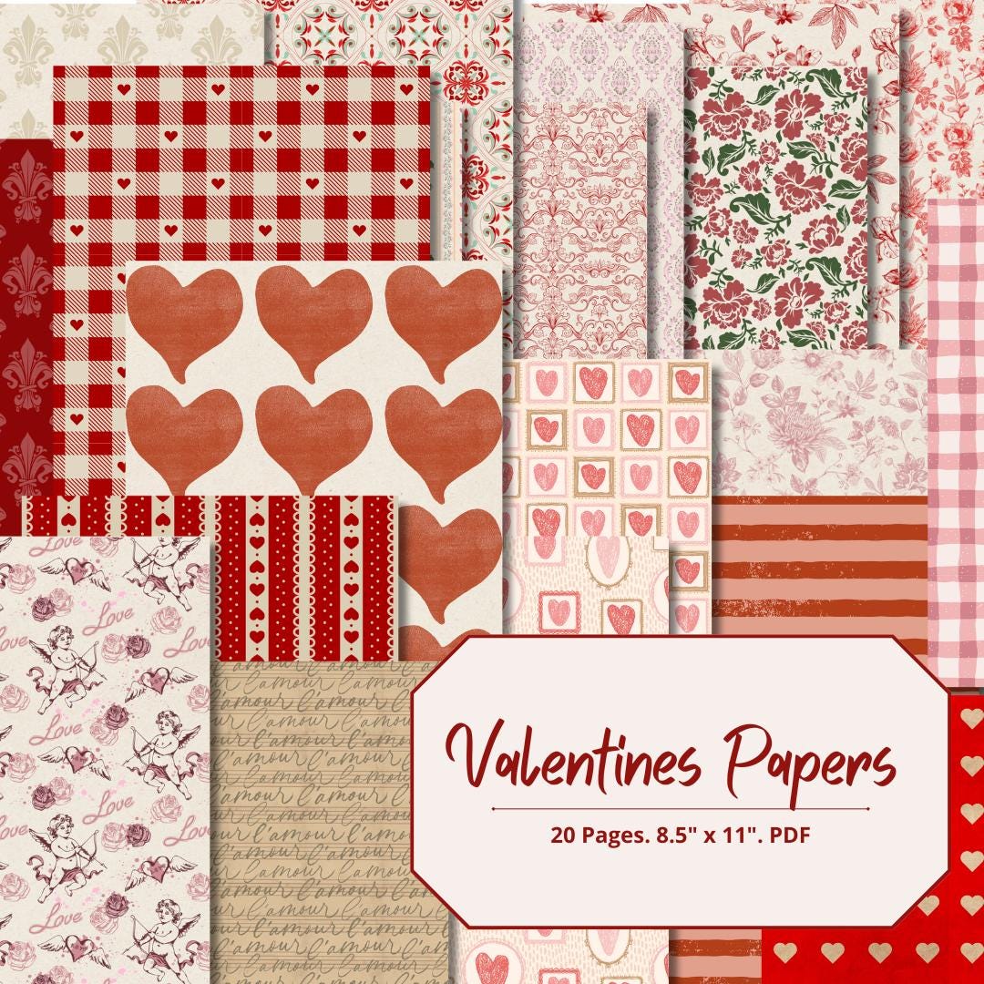 Printable Valentines Papers Vintage Junk Journal Kit, Love and Hearts ...