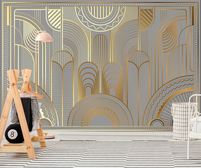 Gray Background With Golden Line Wallpaper Geometric Wall Mural ...