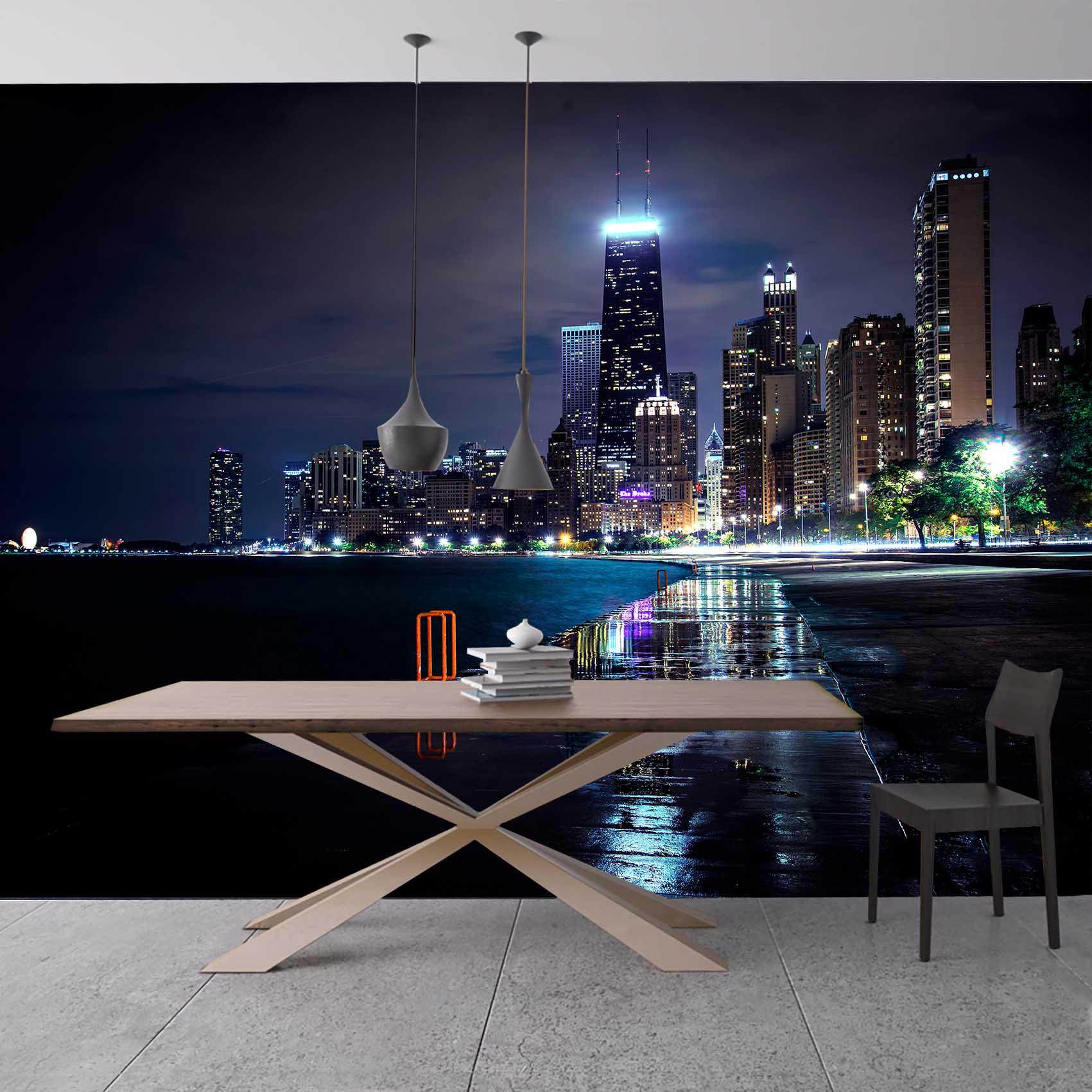 Chicago Skyline Night Wallpaper – Peel and Stick Cityscape Mural ...