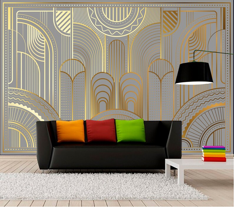 Gray Background With Golden Line Wallpaper Geometric Wall Mural ...