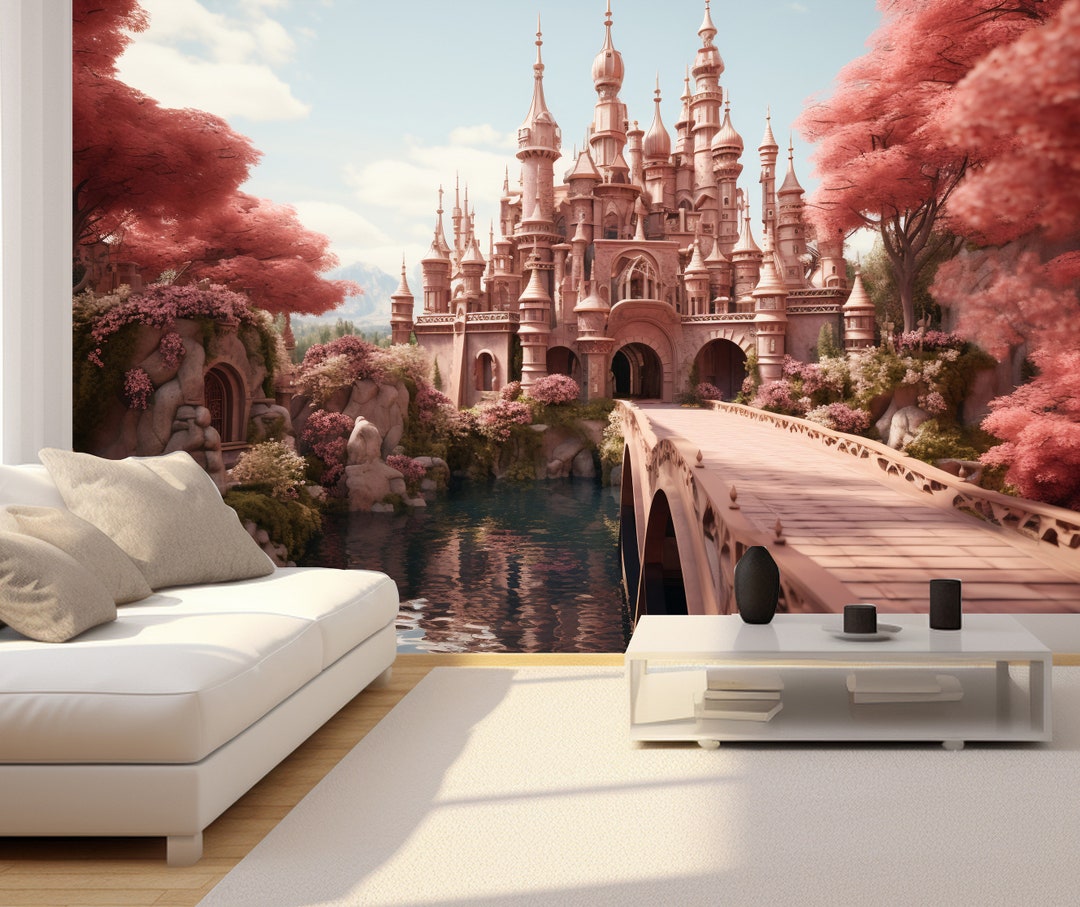 Pink Castle Wallpaper Removable Wall Mural for Girl Room Cartoon Décor ...