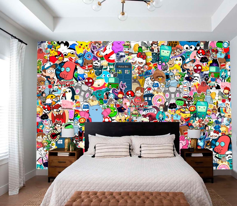 Cartoon Characters Wallpaper Colorful Wall Mural Pop Art Print Nursery ...