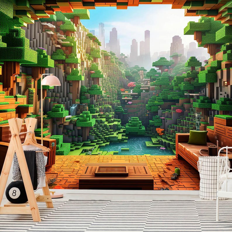 Block Style Forest Wall Mural, Pixel Nature Landscape Wallpaper ...