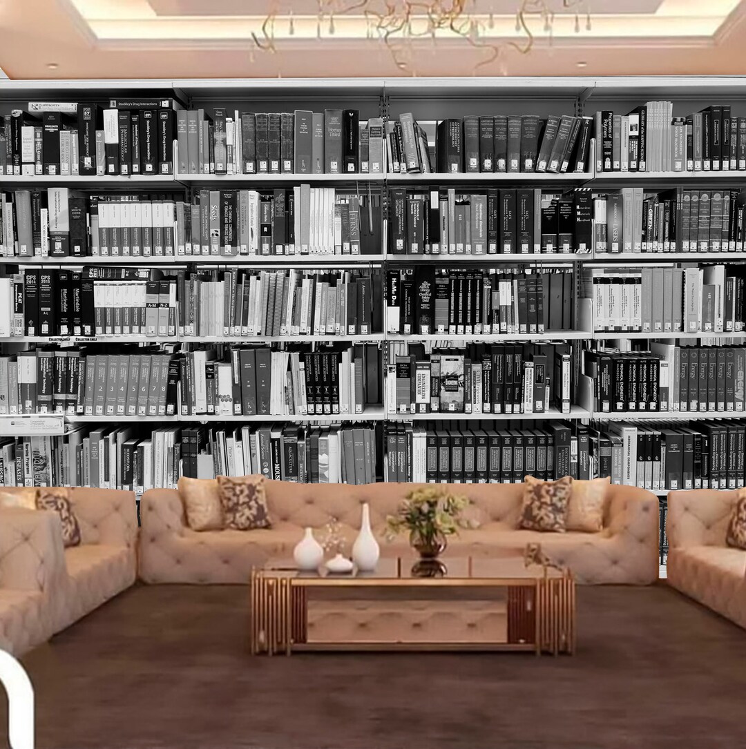 Classic Black & White Wallpaper Library Bookshelf Wall Mural Ready Room ...