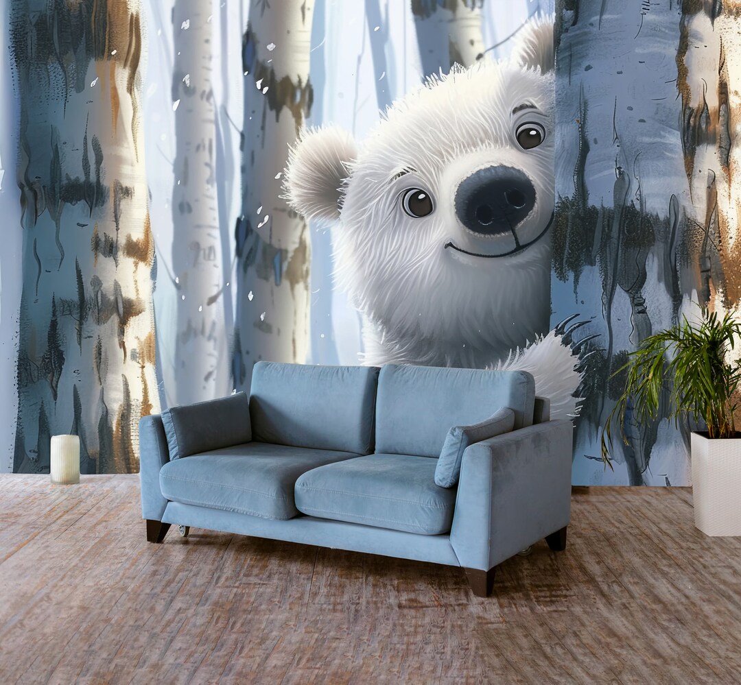 Cartoon White Bear Wallpaper Birch Grove Wall Mural Self Adhesive ...