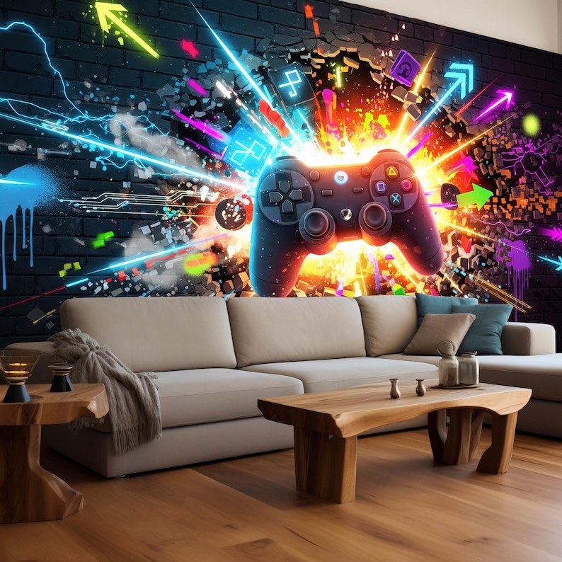 Gaming Explosion Wallpaper Mural for Boys Room, Neon Game Controller ...