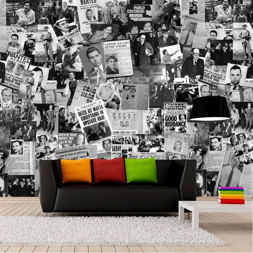 Newspaper Articles About Gangster Mural Mafia Wallpaper Room Decor ...