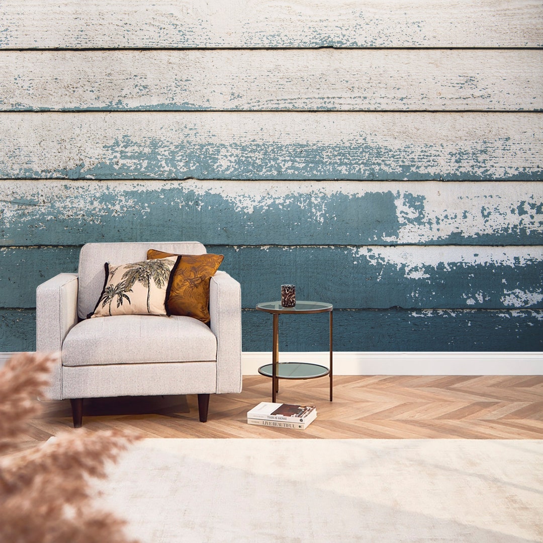 Vintage Wood Texture Wallpaper Blue Shiplap Mural Removable Peel ...