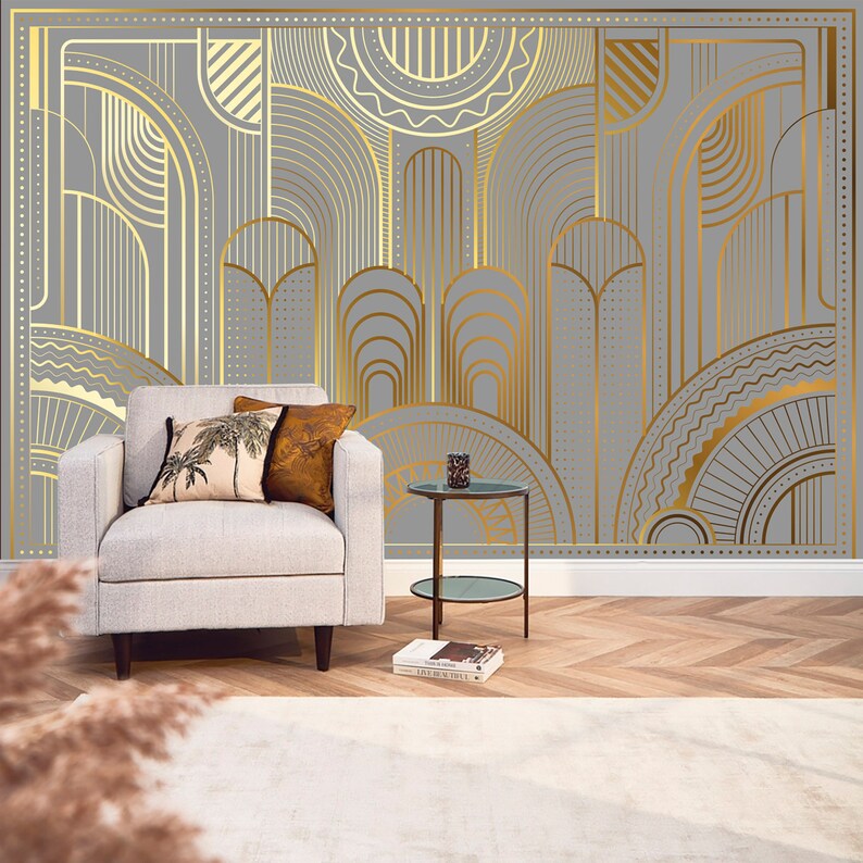 Gray Background With Golden Line Wallpaper Geometric Wall Mural ...