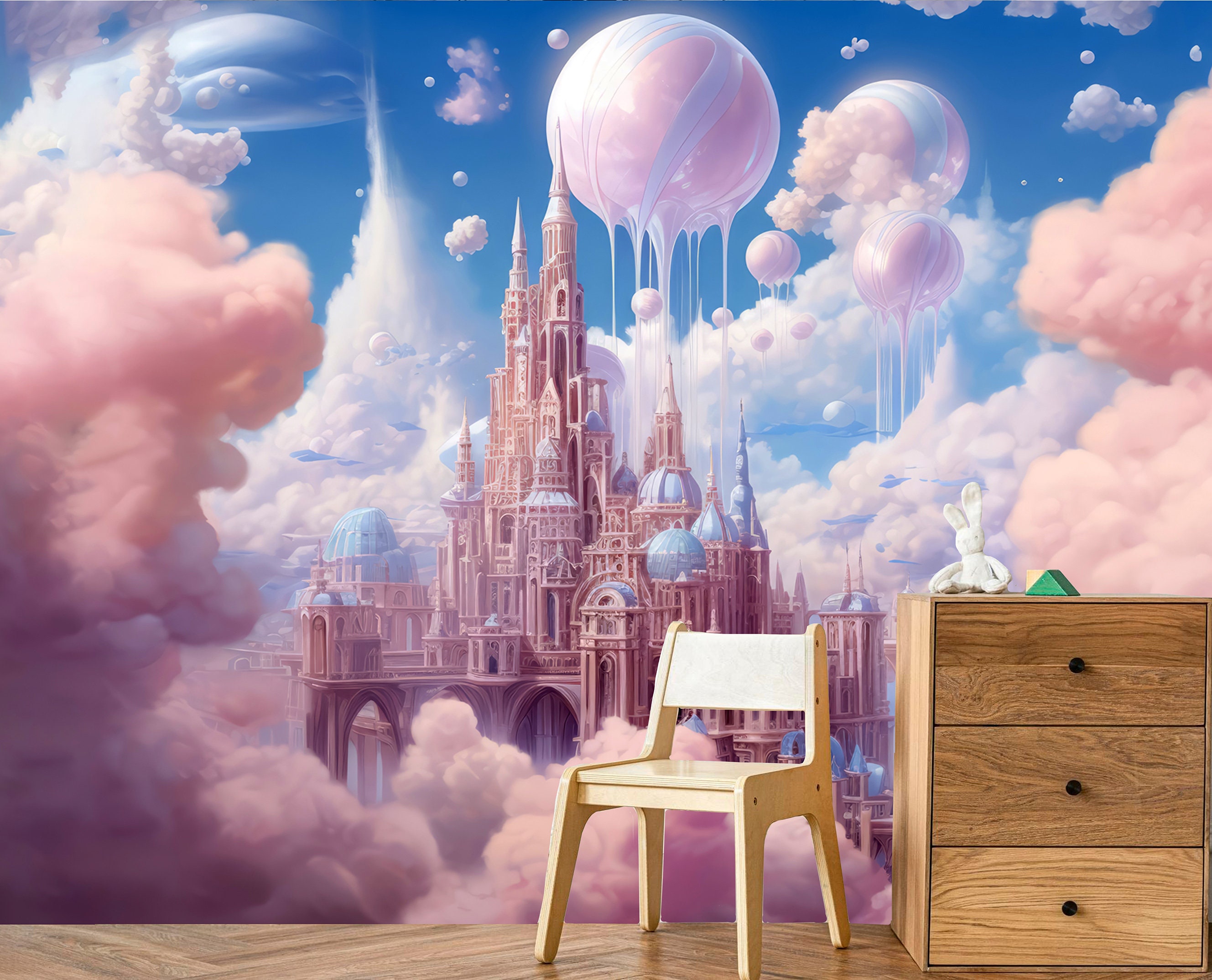 Fairytale Castle in Pink Clouds Wallpaper Princess Removable Mural for ...