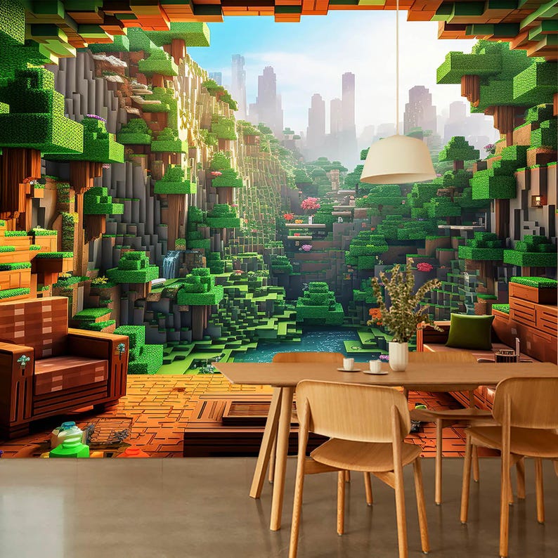 Block Style Forest Wall Mural, Pixel Nature Landscape Wallpaper ...