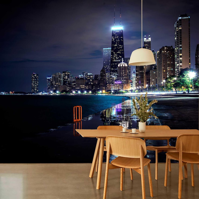 Chicago Skyline Night Wallpaper – Peel and Stick Cityscape Mural ...