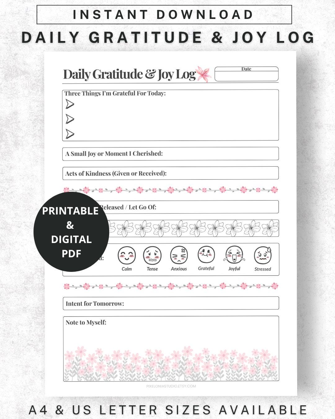 Daily Gratitude Journal Printable | Joy & Reflection Log | Self Care ...