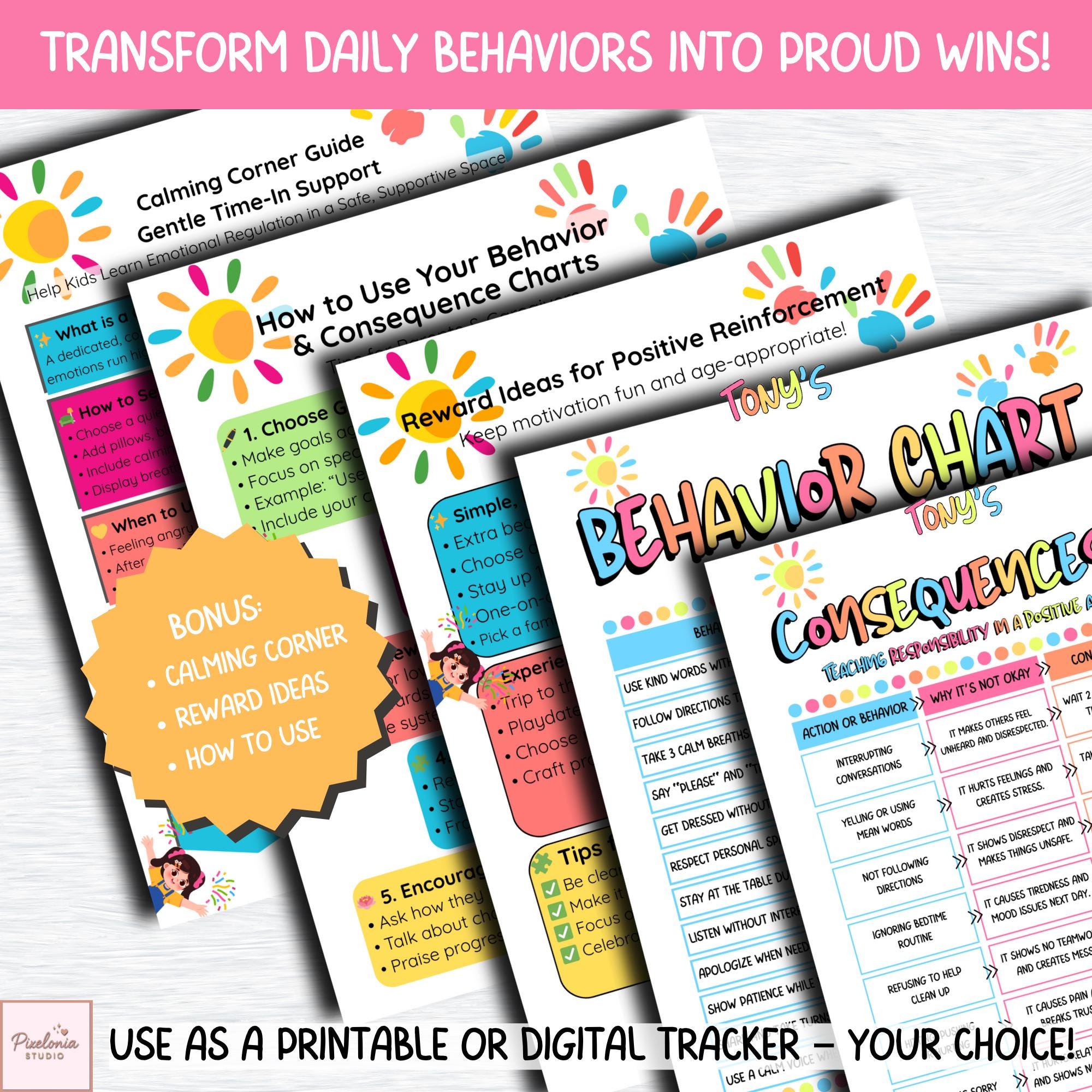 Behavior & Consequence Chart for Kids, Reward System, Daily Tracker ...