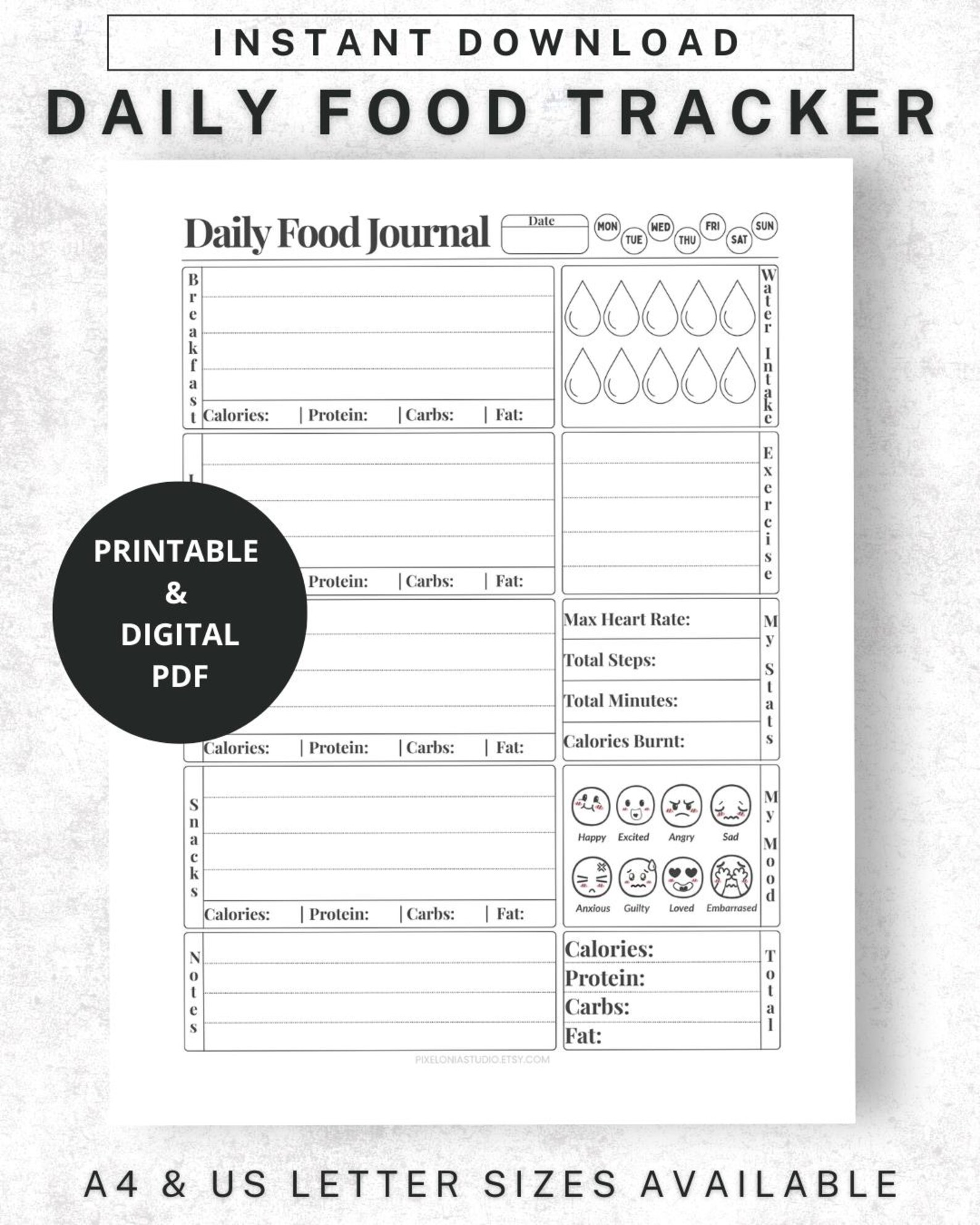 Daily Food Journal Printable | Meal Planner & Food Tracker | Calorie ...