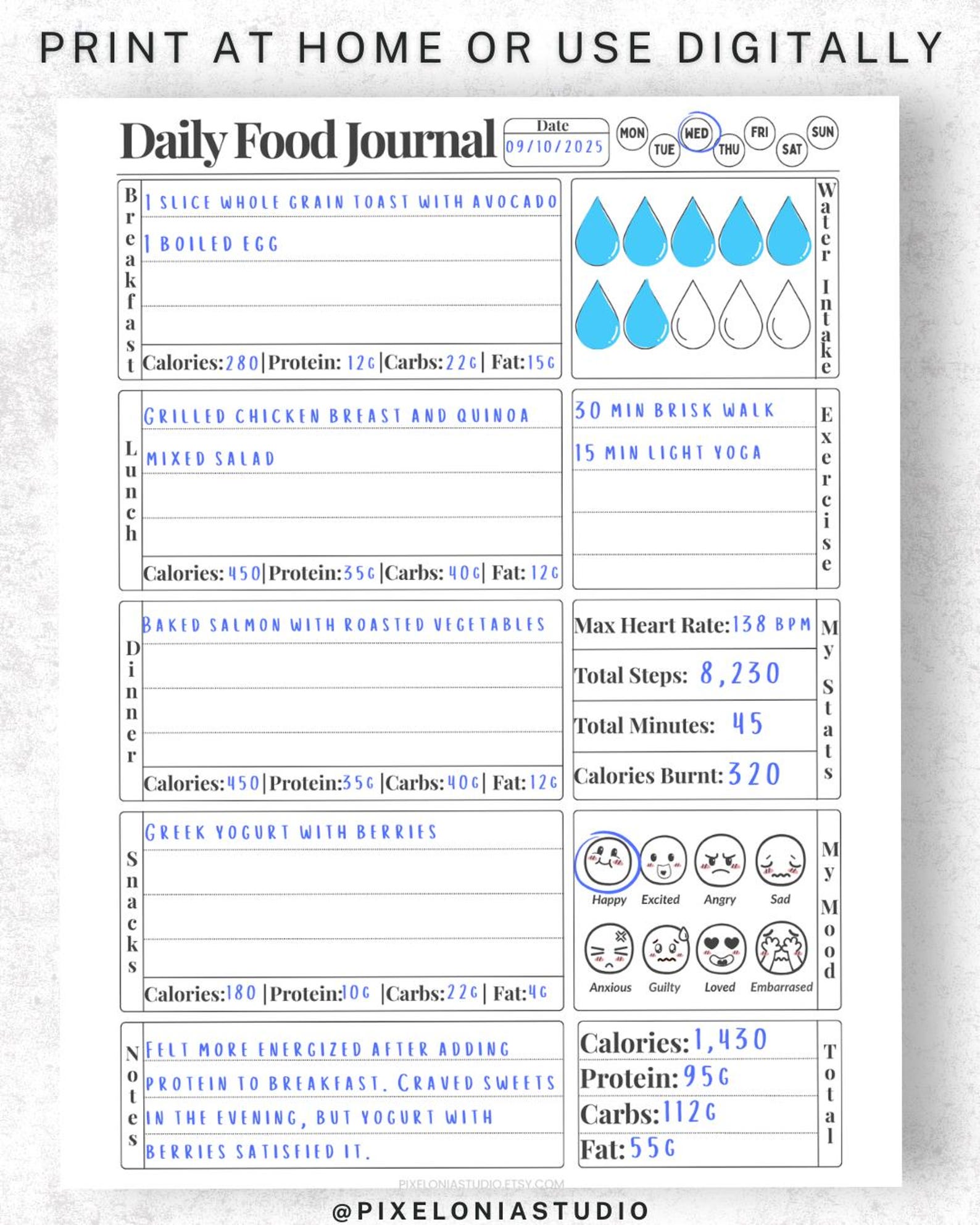 Daily Food Journal Printable | Meal Planner & Food Tracker | Calorie ...