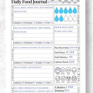 Daily Food Journal Printable | Meal Planner & Food Tracker | Calorie ...