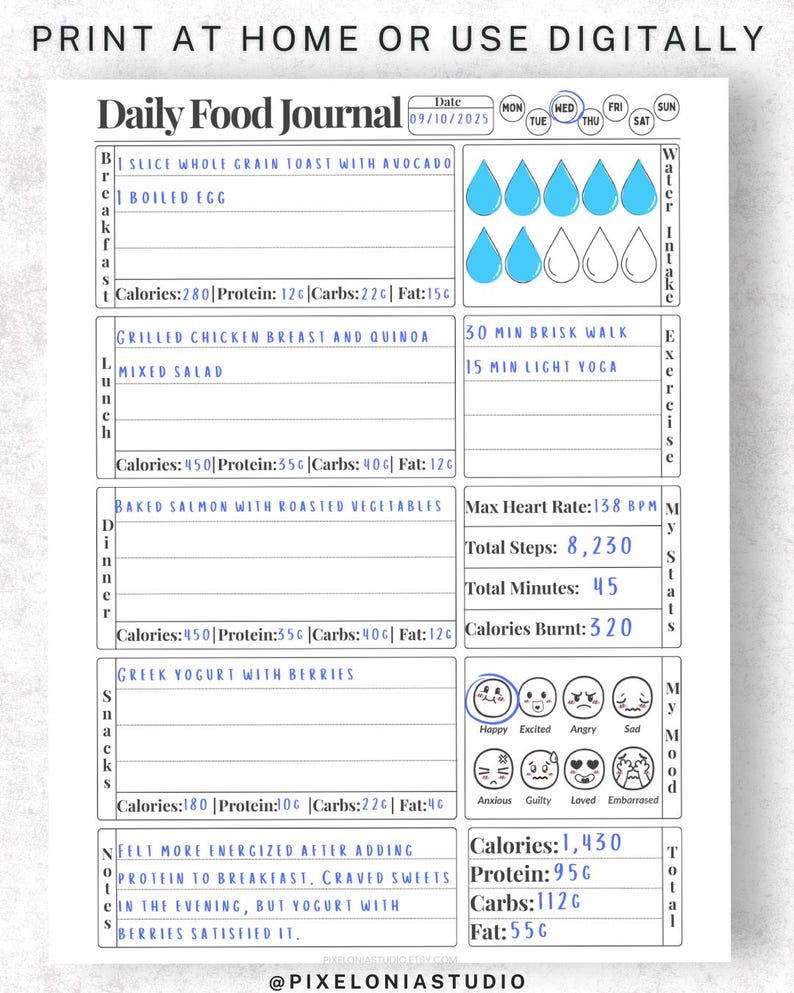 Daily Food Journal Printable | Meal Planner & Food Tracker | Calorie ...