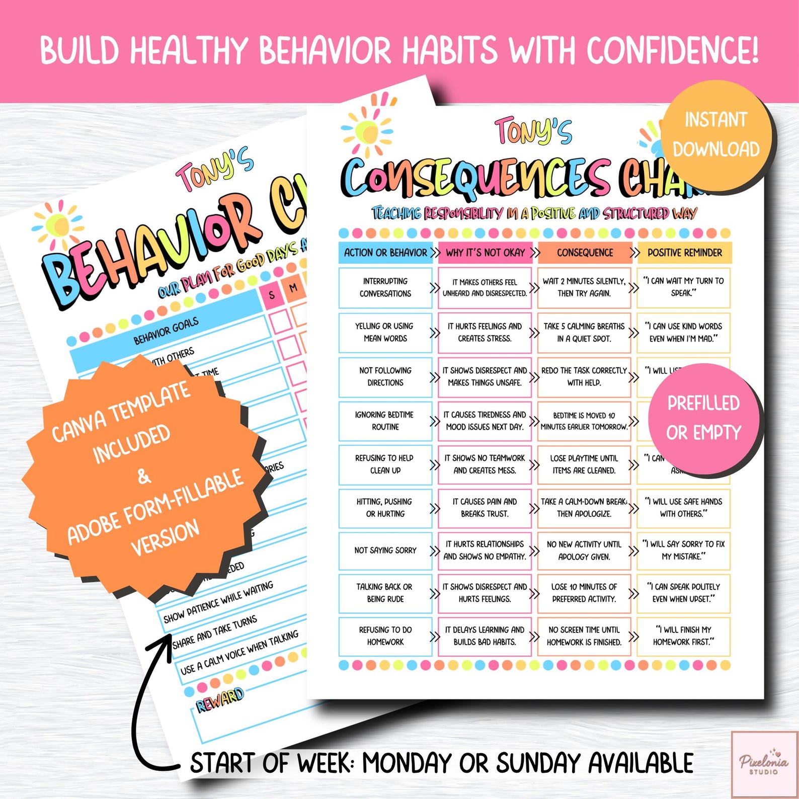 Behavior & Consequence Chart for Kids, Reward System, Daily Tracker ...