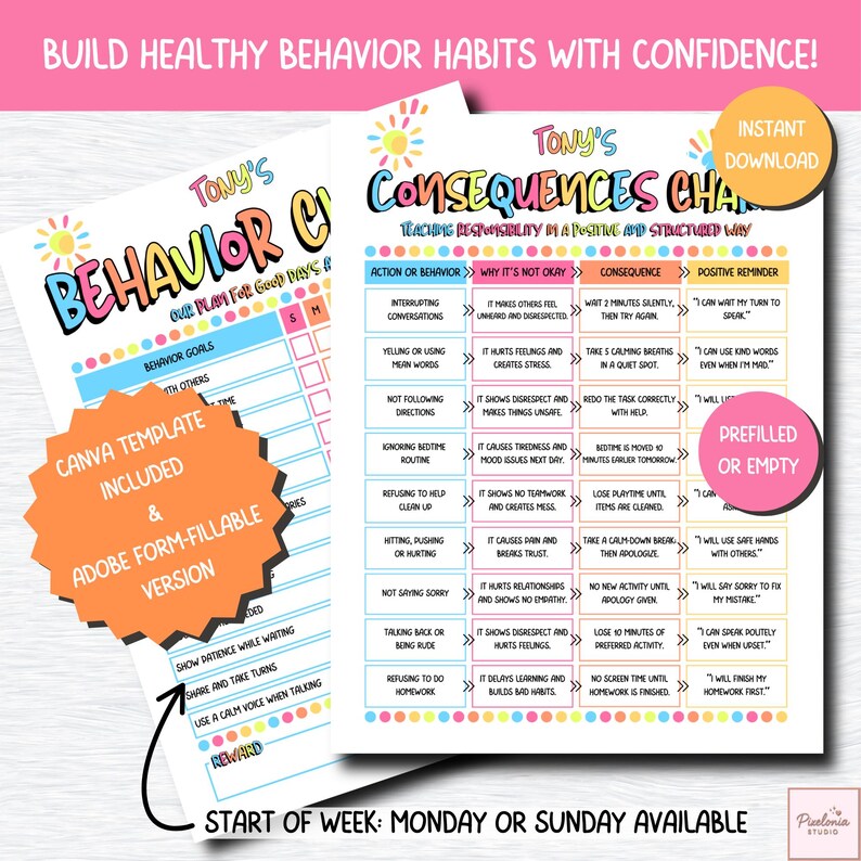 Behavior & Consequence Chart for Kids, Reward System, Daily Tracker ...