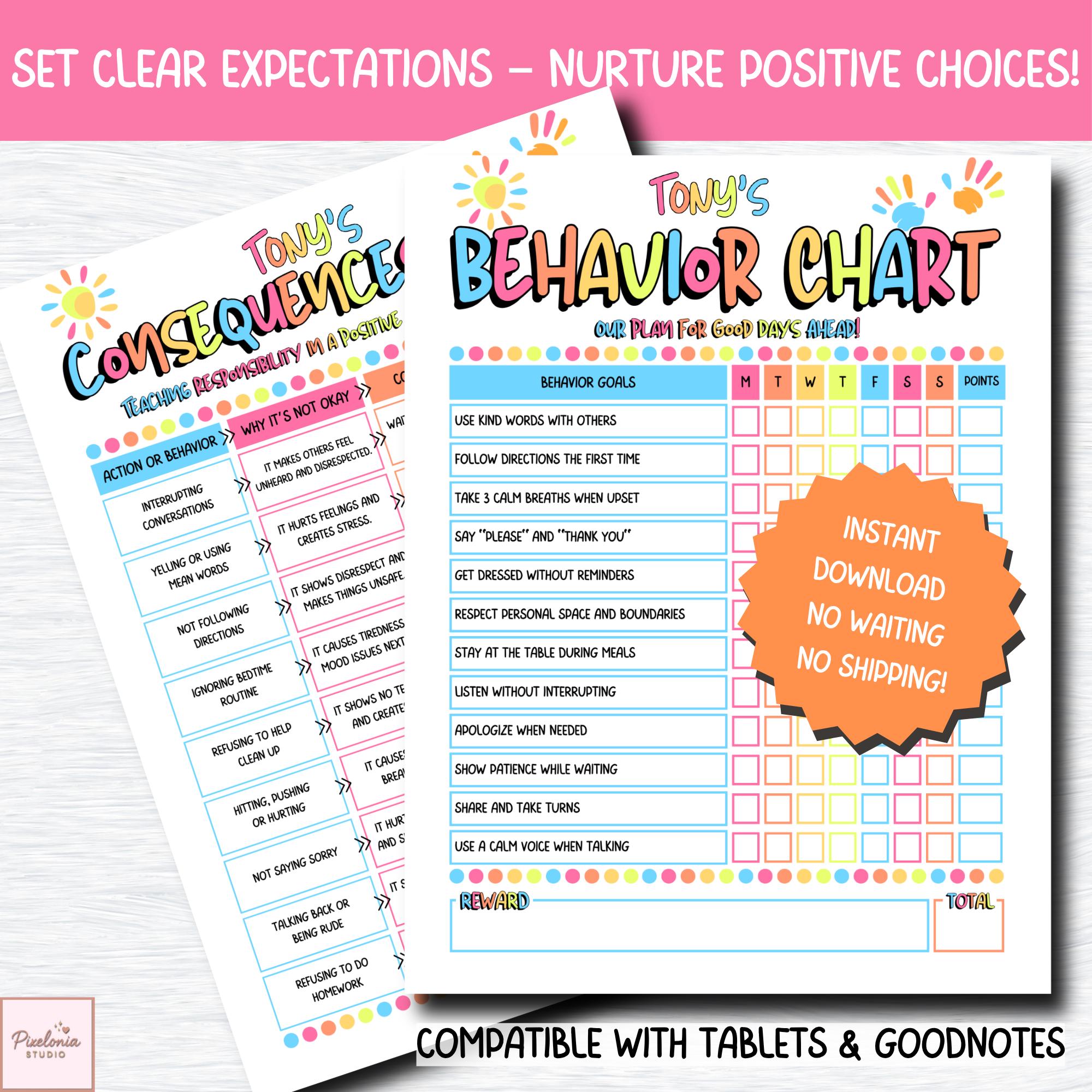 Behavior & Consequence Chart for Kids, Reward System, Daily Tracker ...