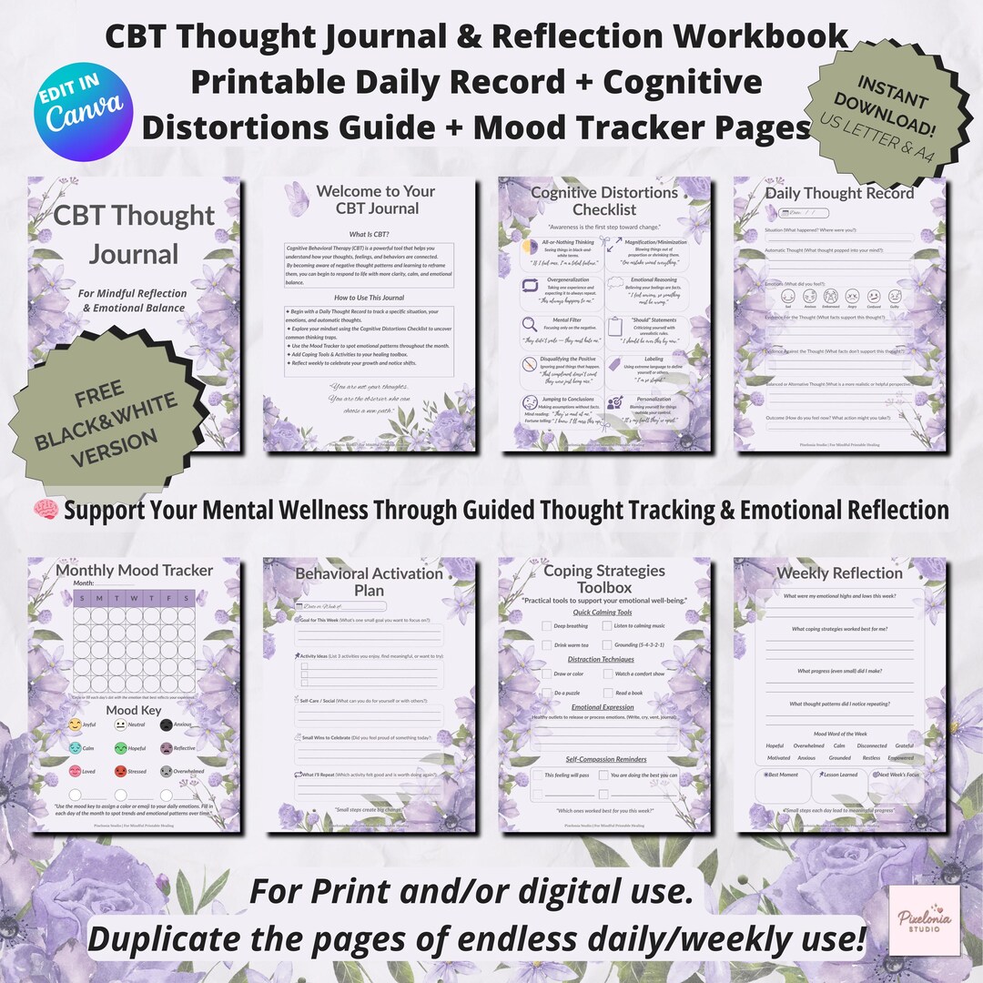 Printable CBT Thought Journal – Cognitive Behavioral Therapy Tracker ...