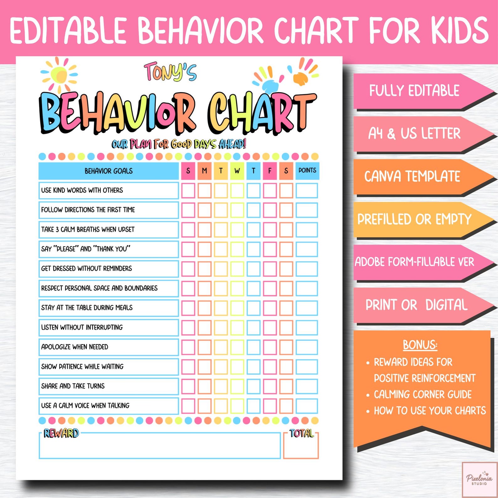 Behavior & Consequence Chart for Kids, Reward System, Daily Tracker ...
