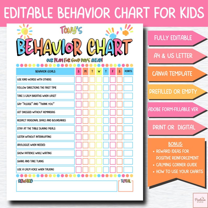 Behavior & Consequence Chart for Kids, Reward System, Daily Tracker ...