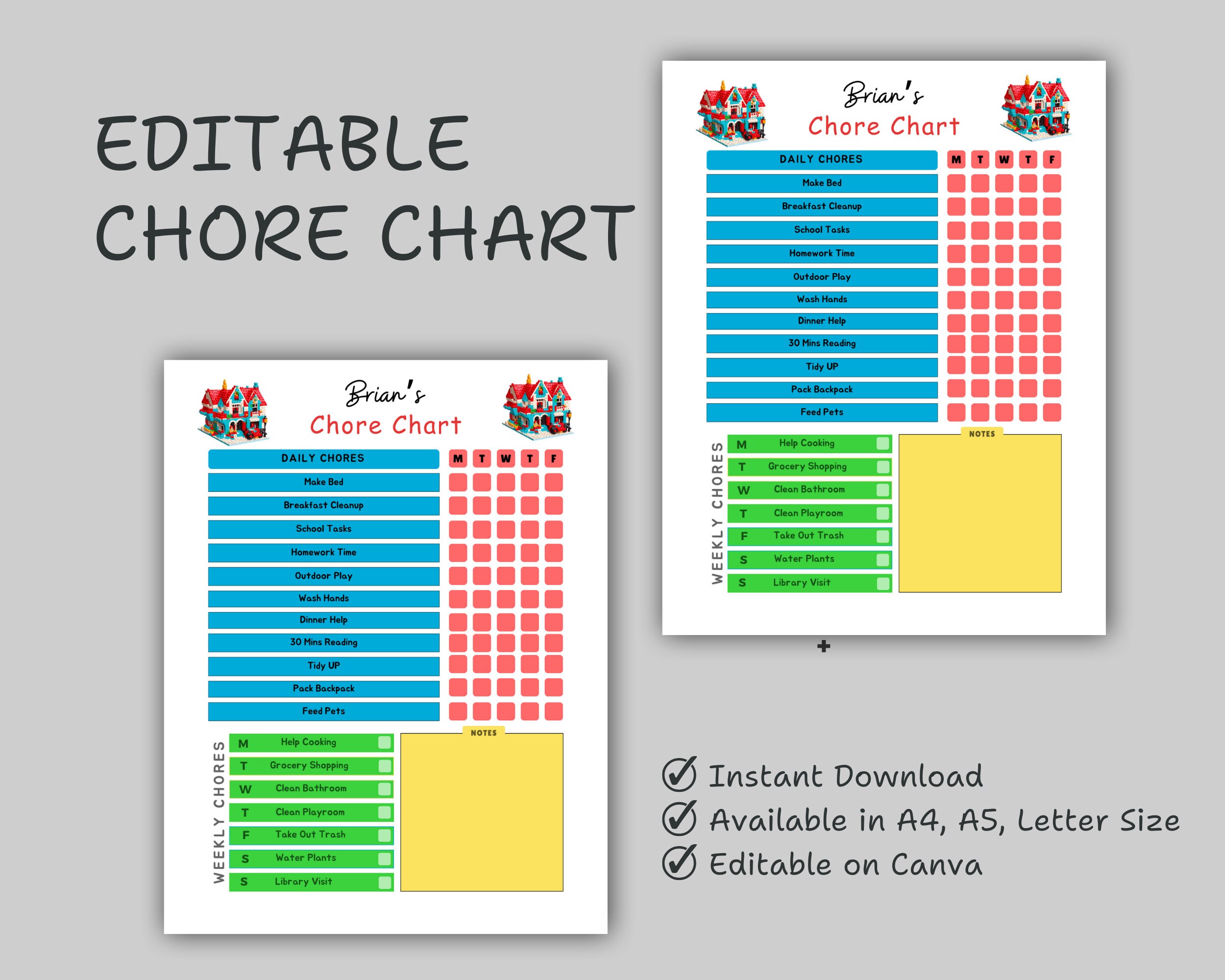 Editable Kids Chore Chart Bundle, Printable Kids Daily Checklist ...