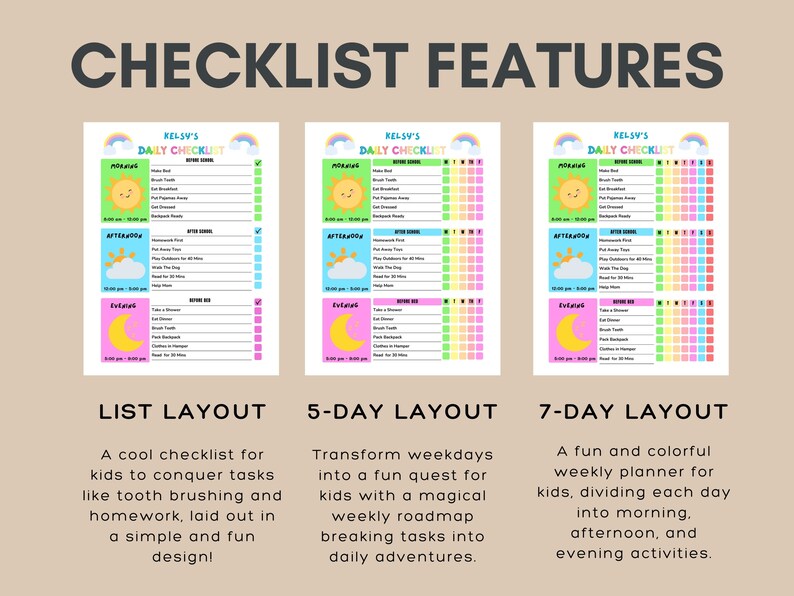 Kids Daily School Checklist Editable Chore Chart Canva Responsibility ...