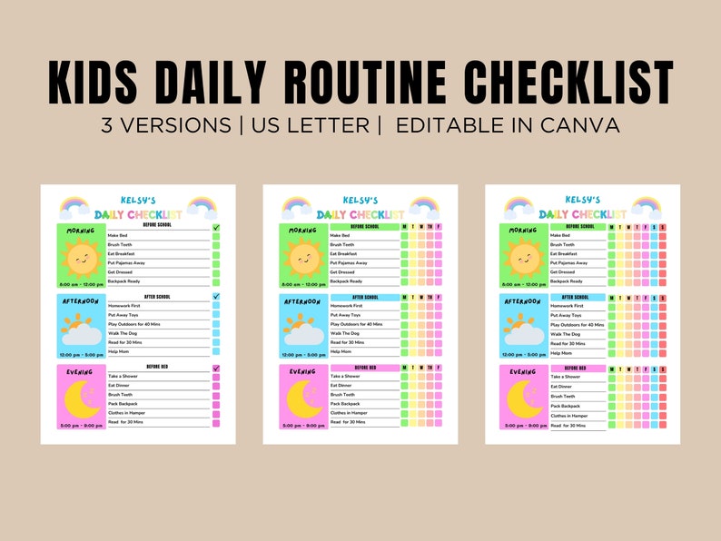Kids Daily School Checklist Editable Chore Chart Canva Responsibility ...