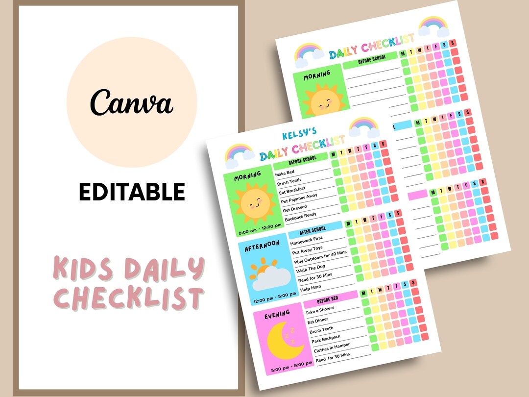 Kids Daily School Checklist Editable Chore Chart Canva Responsibility ...